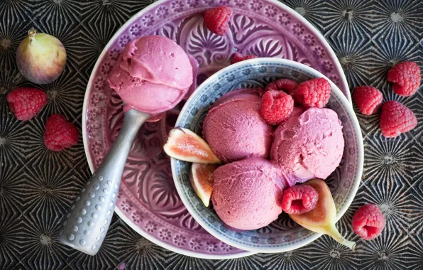 Download wallpaper berries, raspberry, plate, ice cream, dessert, sweet ...