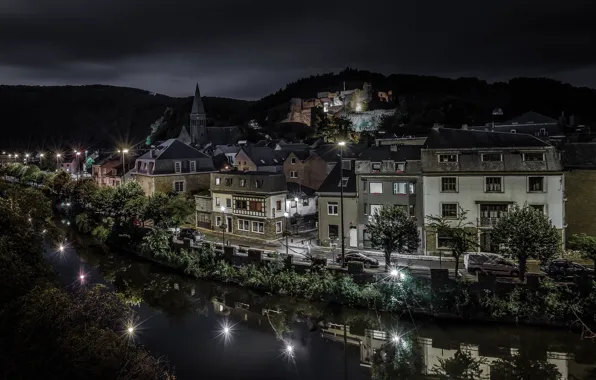 Wallpaper night, lights, river, home, Belgium, La Roche-EN-Ardenne for ...