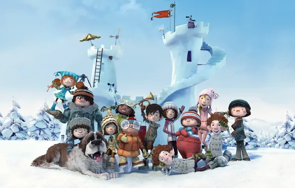 Wallpaper animation, girl, dog, snow, boy, cartoon, friends, Snowtime ...