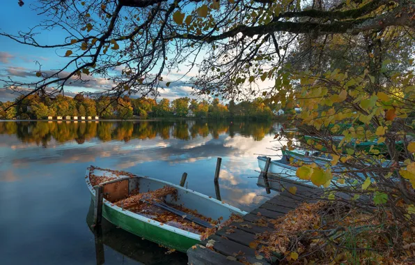 Wallpaper autumn, branches, lake, tree, shore, foliage, boat, boats for ...