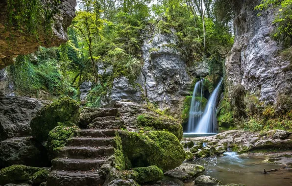 Download wallpaper rock, waterfall, ladder, section landscapes in ...