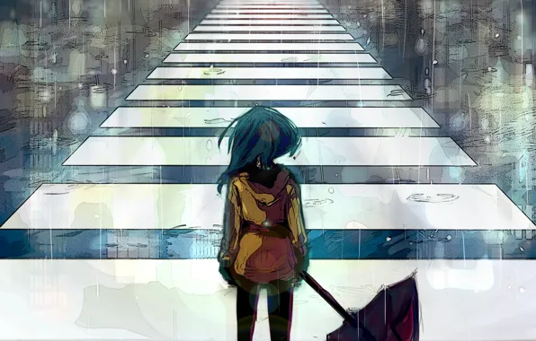 Wallpaper girl, rain, umbrella, crosswalk, by Piiy for mobile and ...