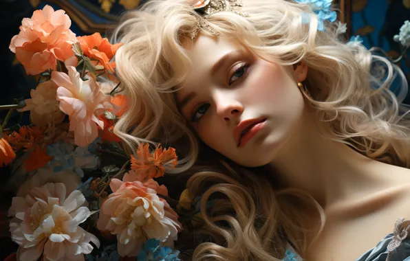 Wallpaper look, girl, flowers, pose, portrait, AI art, neural network ...