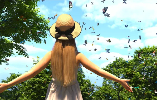 Wallpaper autumn, butterfly, mood, girl, fly, soul, rendering, Hat ...