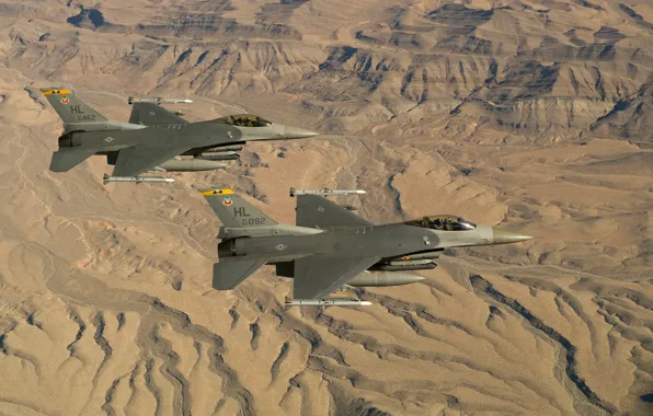 Wallpaper landscape, fighters, pair, F-16, Fighting Falcon, "Fighting ...
