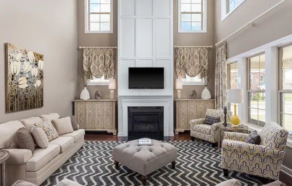 Wallpaper design, style, lamp, carpet, picture, TV, chairs, fireplace ...