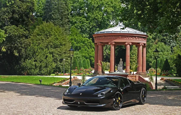 Wallpaper trees, black, lights, statue, ferrari, Ferrari, black, front ...