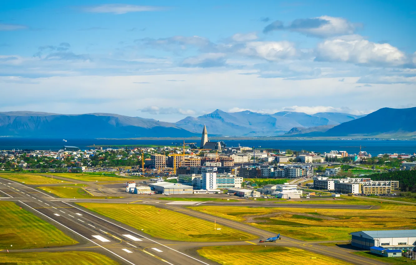 Wallpaper coast, mountains, clouds, houses, plane, Iceland, Reykjavik, bay for mobile and ...
