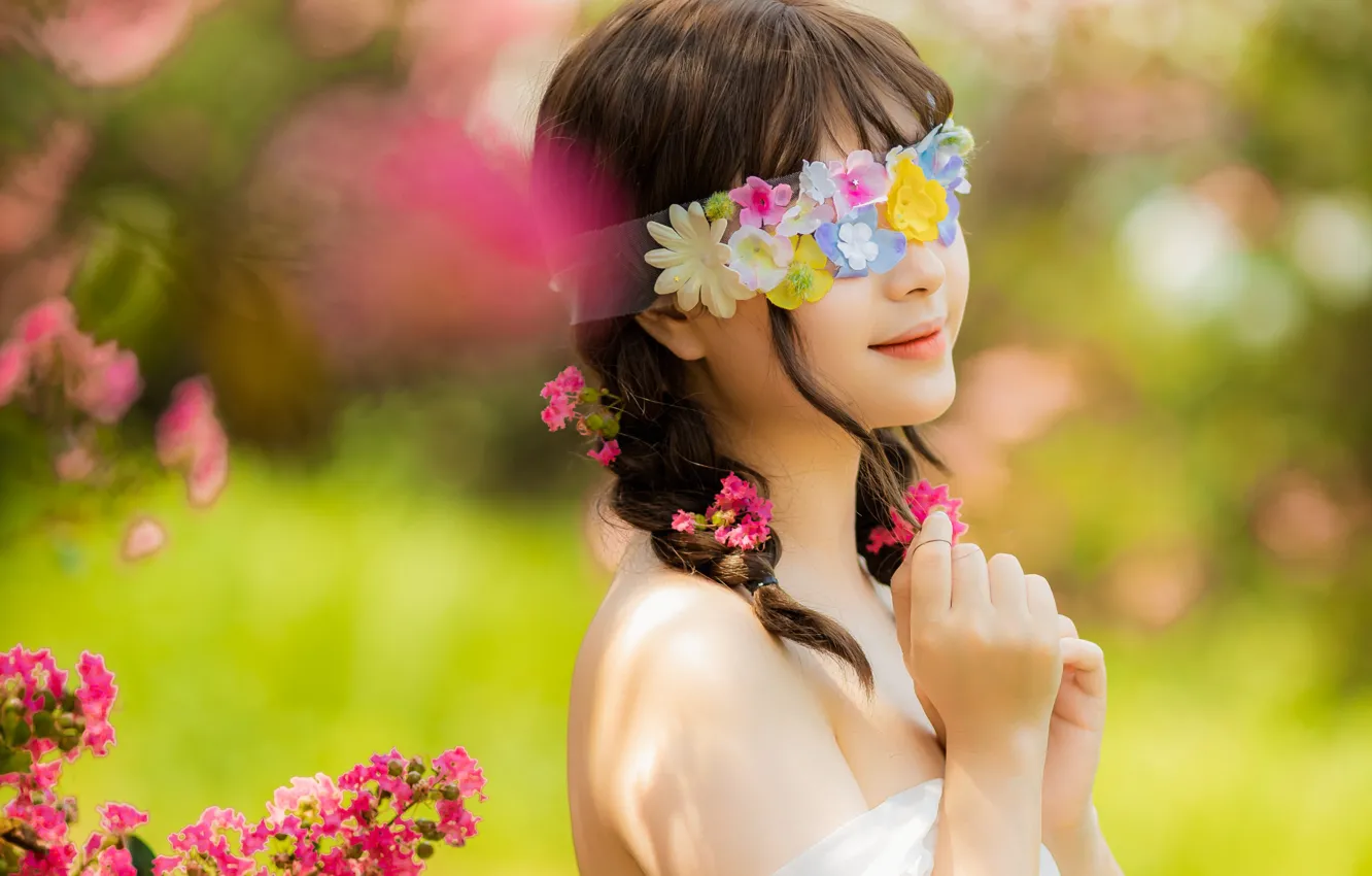 Wallpaper Summer Girl Flowers Nature Face Pose Garden Mask For
