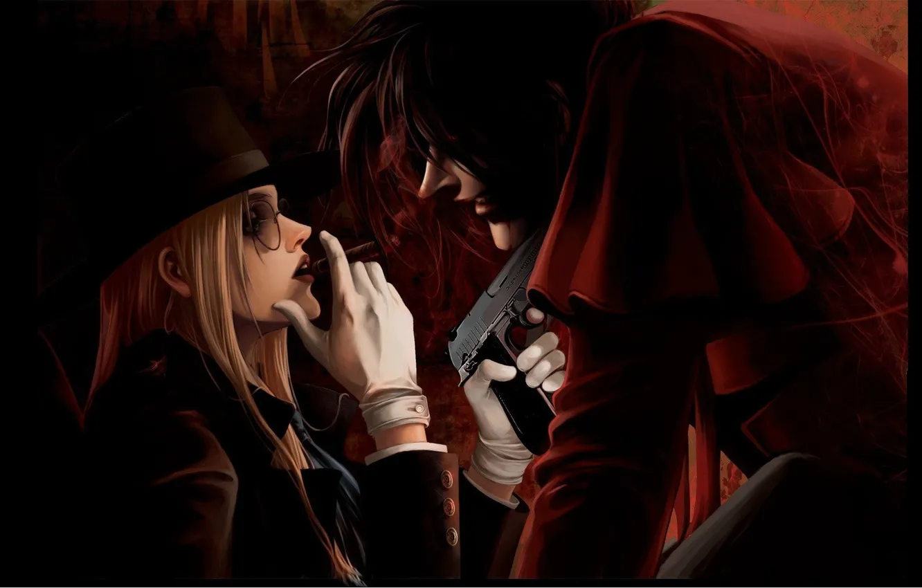 Wallpaper gun, darkness, blood, smoke, cigar, vampire, Hellsing, hunter ...