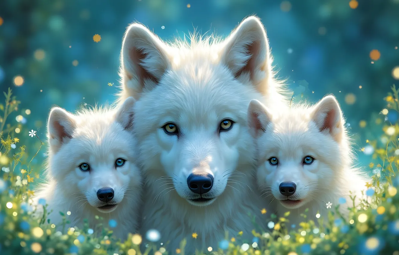 Wallpaper look, glade, wolf, portrait, wolves, white, trio, the cubs ...