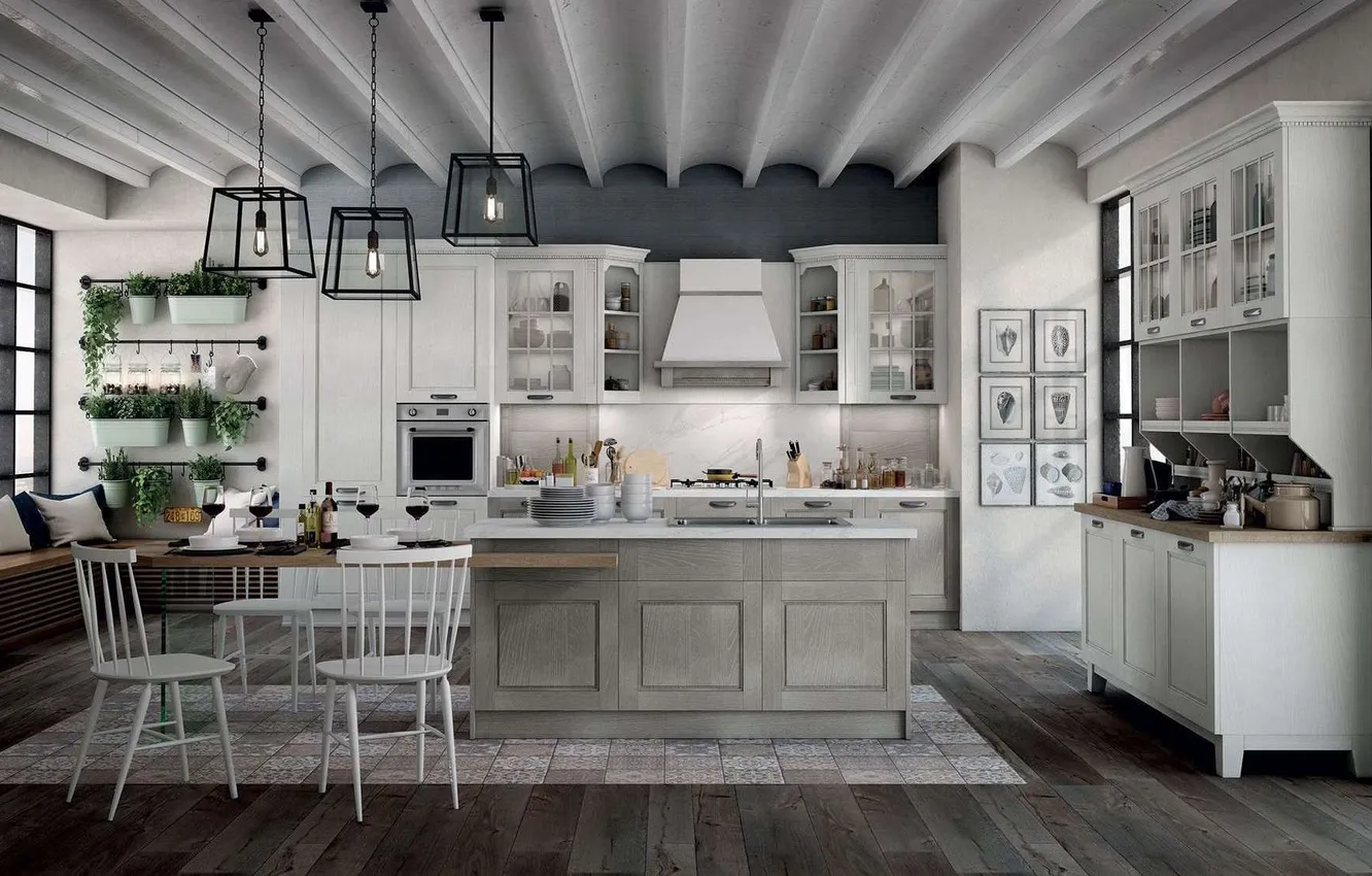 Wallpaper style, interior, Italy, kitchen, dining room, dining area, Italian design, Cucina ...