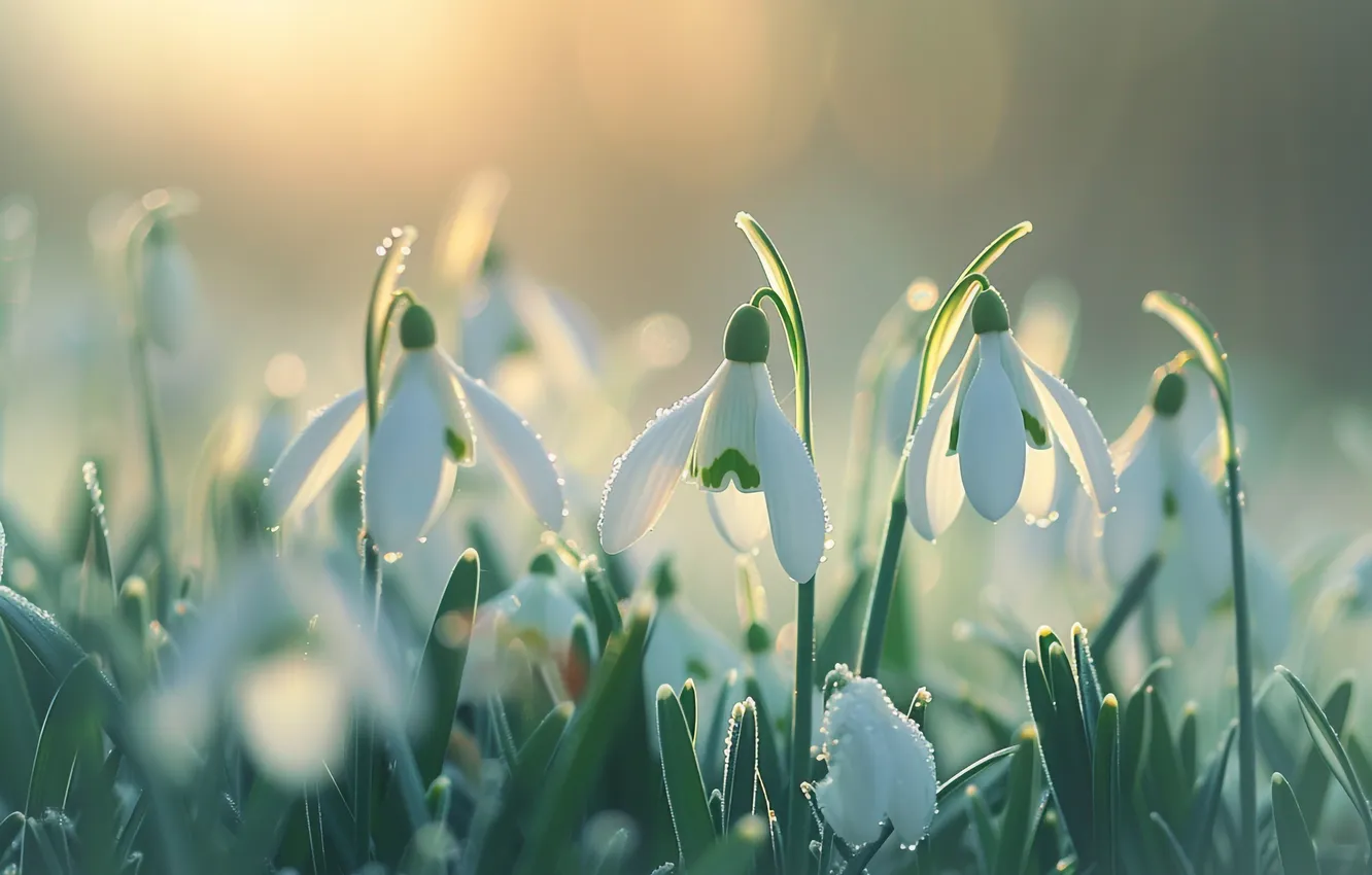 Wallpaper drops, light, flowers, nature, glade, spring, morning ...