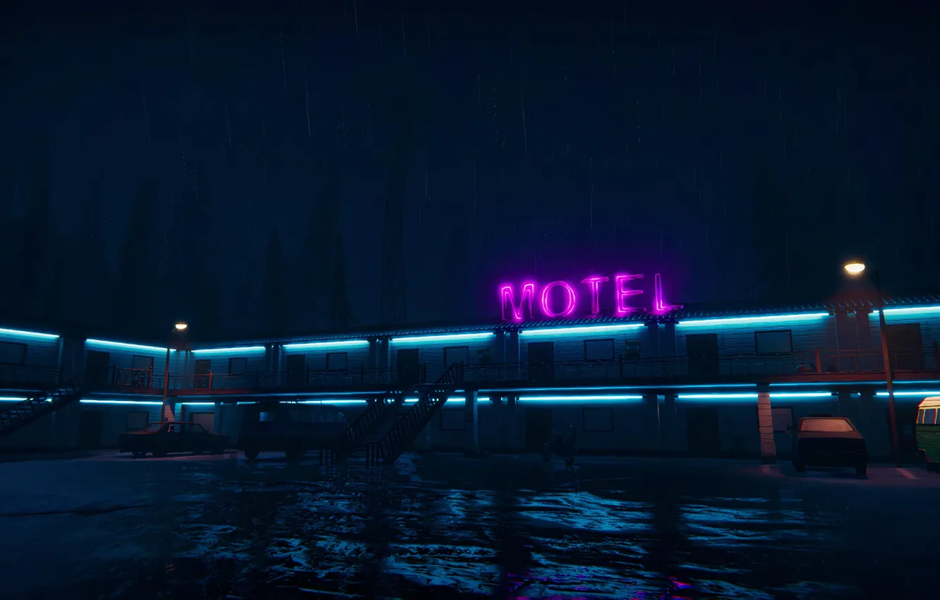 Wallpaper night, rain, neon, Motel, Motel, Road 96 for mobile and ...