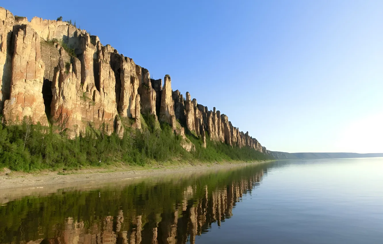 Wallpaper mountains, shore, the Lena river, Lenskte pillars for mobile ...