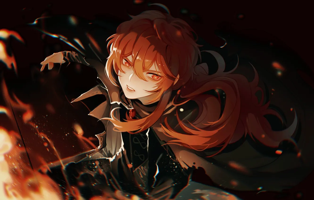 Wallpaper fire, guy, Genshin Impact, Diluc for mobile and desktop ...