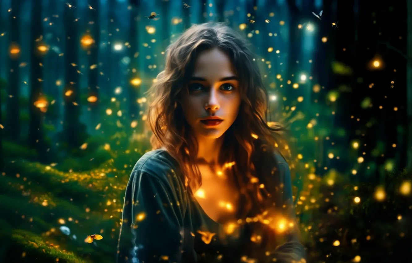 Wallpaper forest, girl, fireflies, midnight, fantasy art for mobile and ...