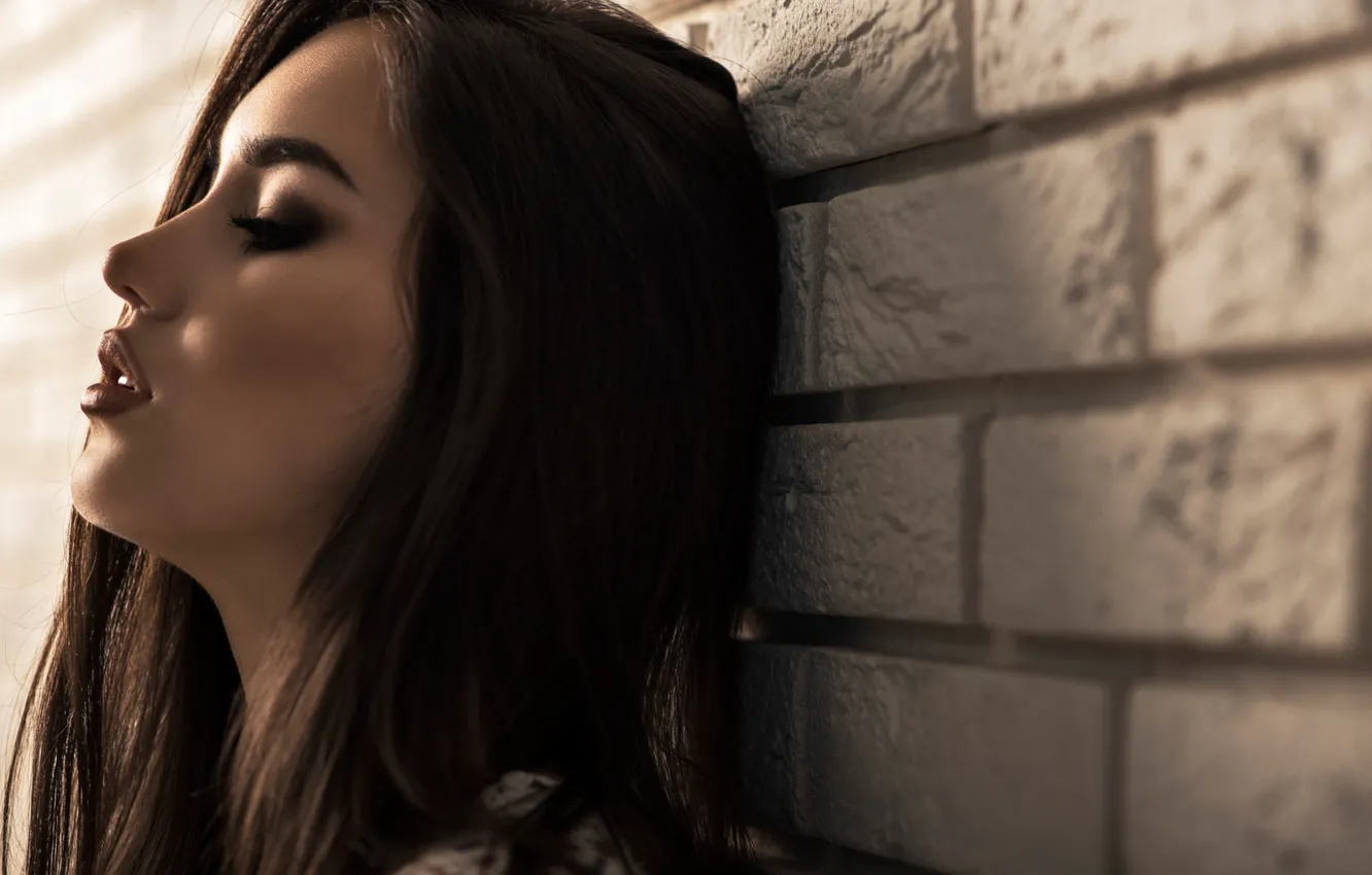 Wallpaper close-up, face, model, portrait, brick, makeup, brunette ...