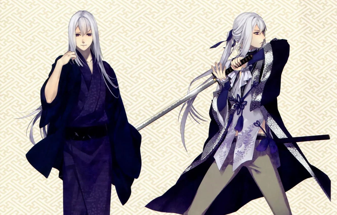 Wallpaper pattern, katana, kimono, white hair, swordsman, visual novel ...