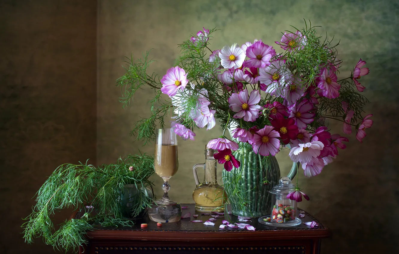 Wallpaper flowers, wine, glass, petals, Bank, sweets, pitcher, still ...