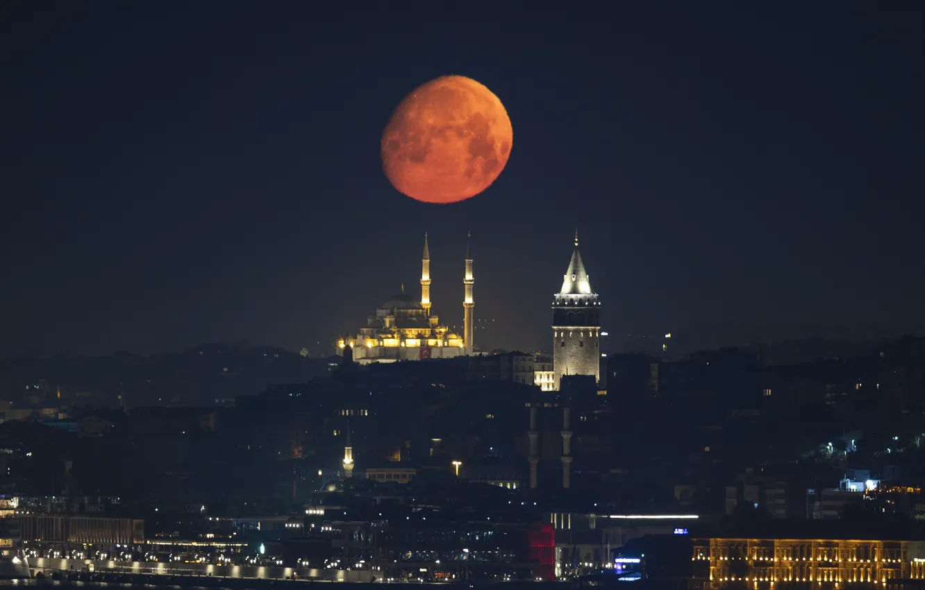 Wallpaper full moon, istanbul, galata tower, fatih mosque images for ...