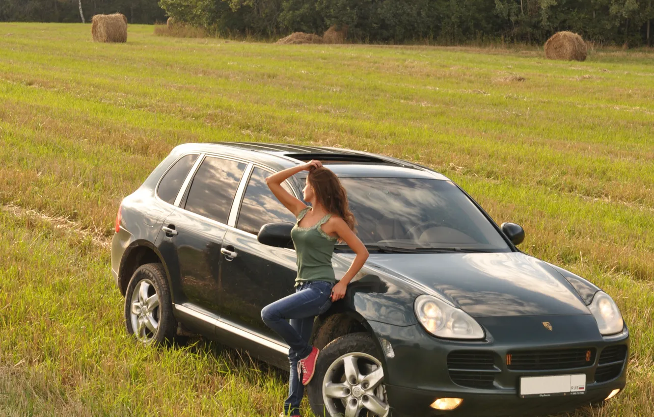 Wallpaper greens, field, girl, nature, Porsche, hay, black car for mobile and desktop, section ...