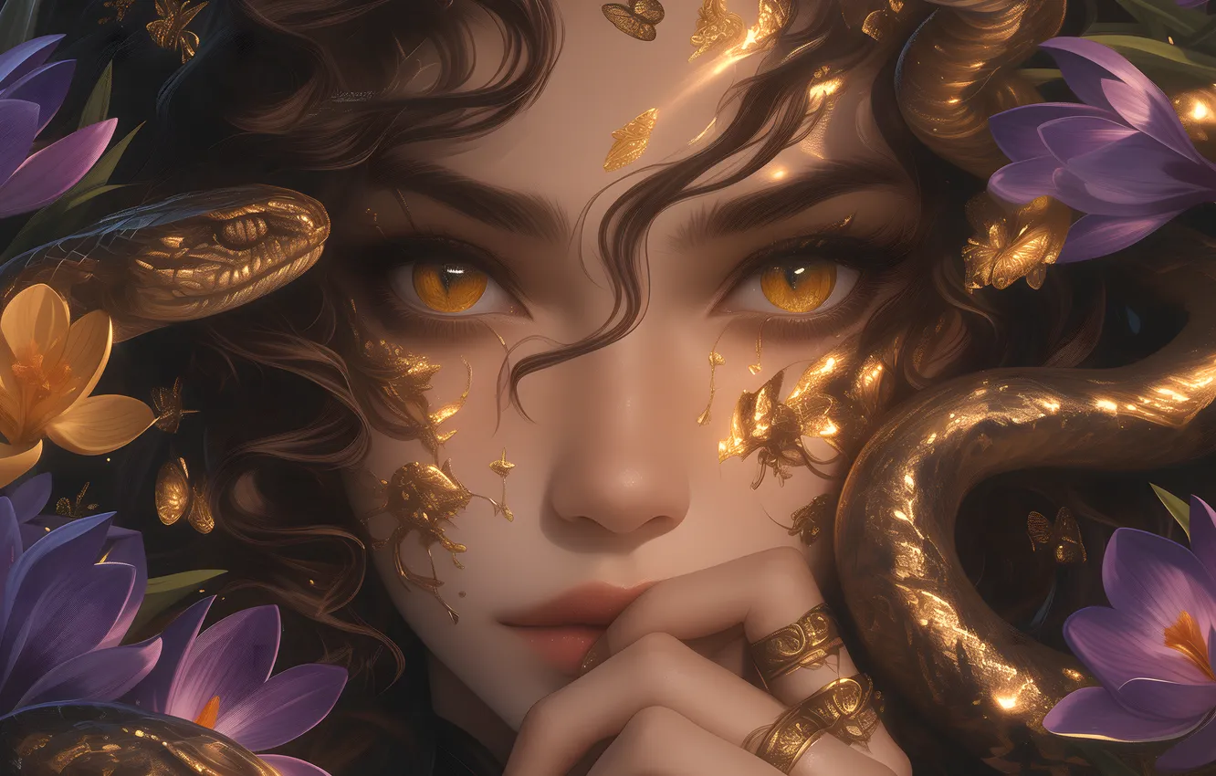 Wallpaper snakes, look, girl, snake, fantasy, snakes, Medusa, Golden ...