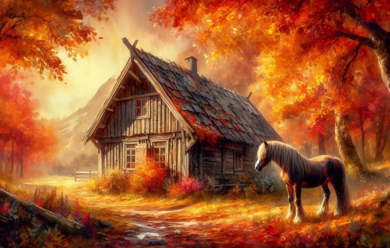 Wallpaper autumn, trees, house, horse, horse, village, house, bright ...