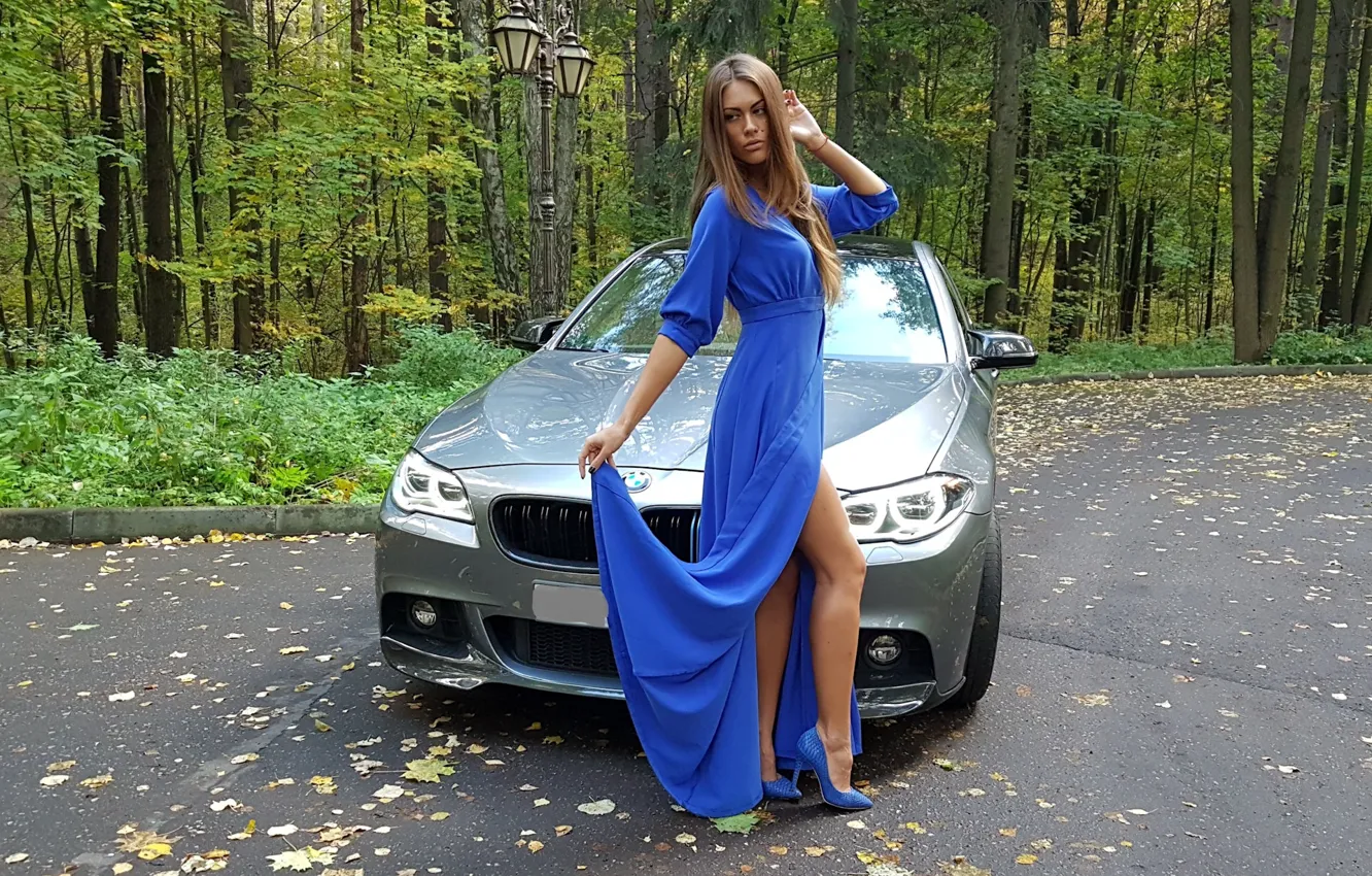 Wallpaper Girls, BMW, dress, beautiful girl, grey car, posing on the ...