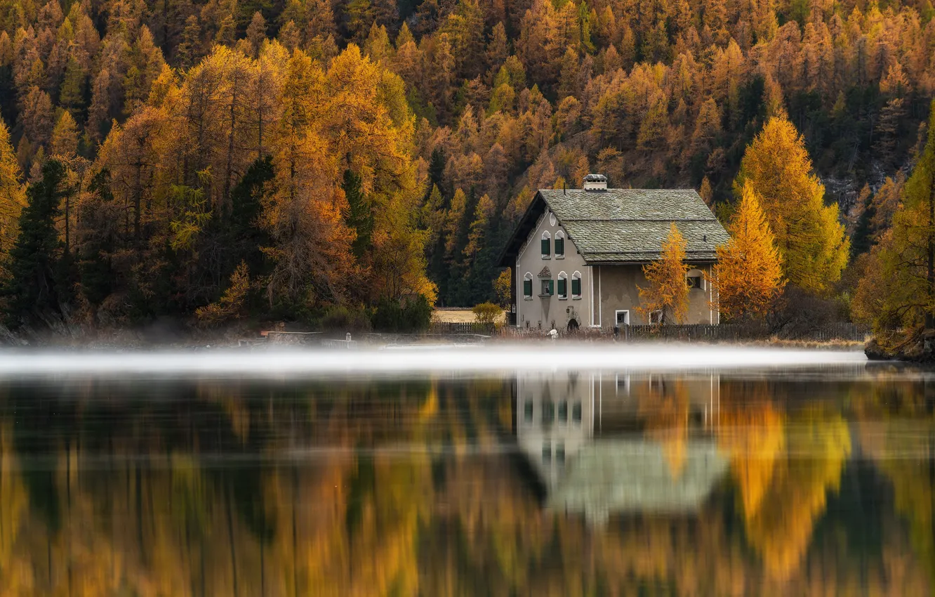 Wallpaper autumn, forest, lake, house, reflection, house, pond for ...