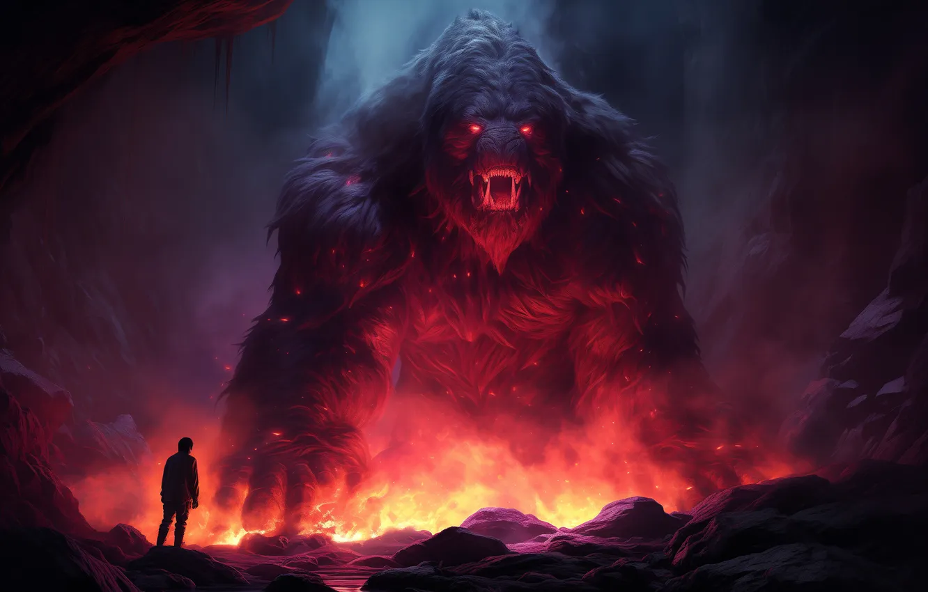 Wallpaper lights, being, male, Yeti, fantasy, Bigfoot, digital art ...