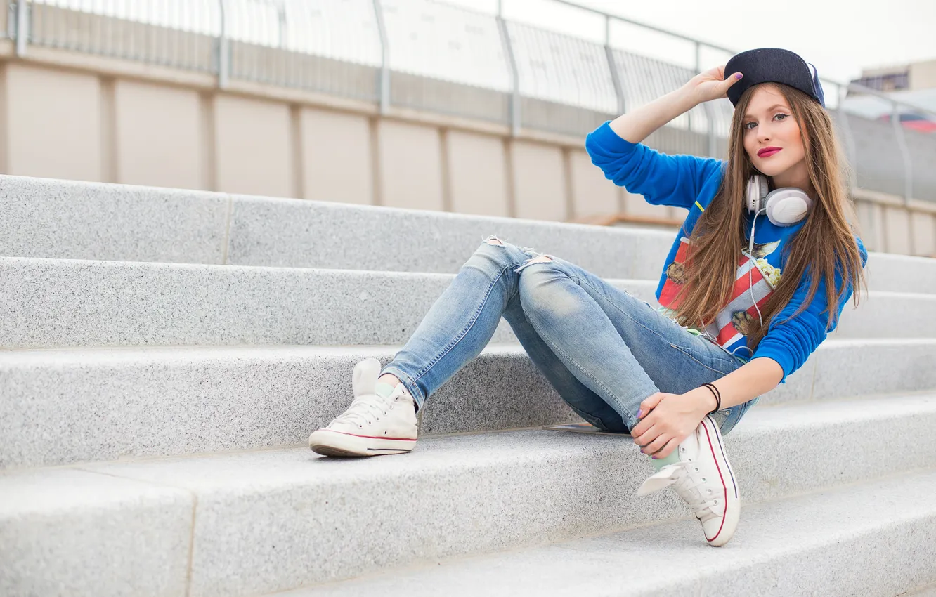 Wallpaper girl, model, jeans, cap, cute, sneakers for mobile and ...