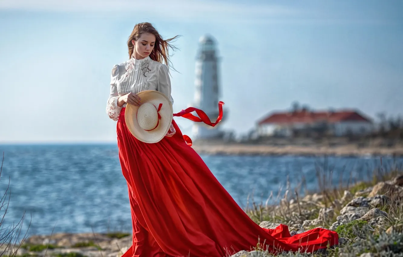Wallpaper sea, girl, pose, mood, lighthouse, hat, long hair, red skirt ...