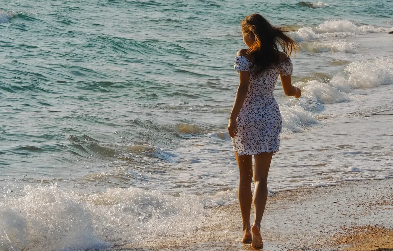 Wallpaper sea, wave, beach, summer, girl, romance, barefoot, brunette ...