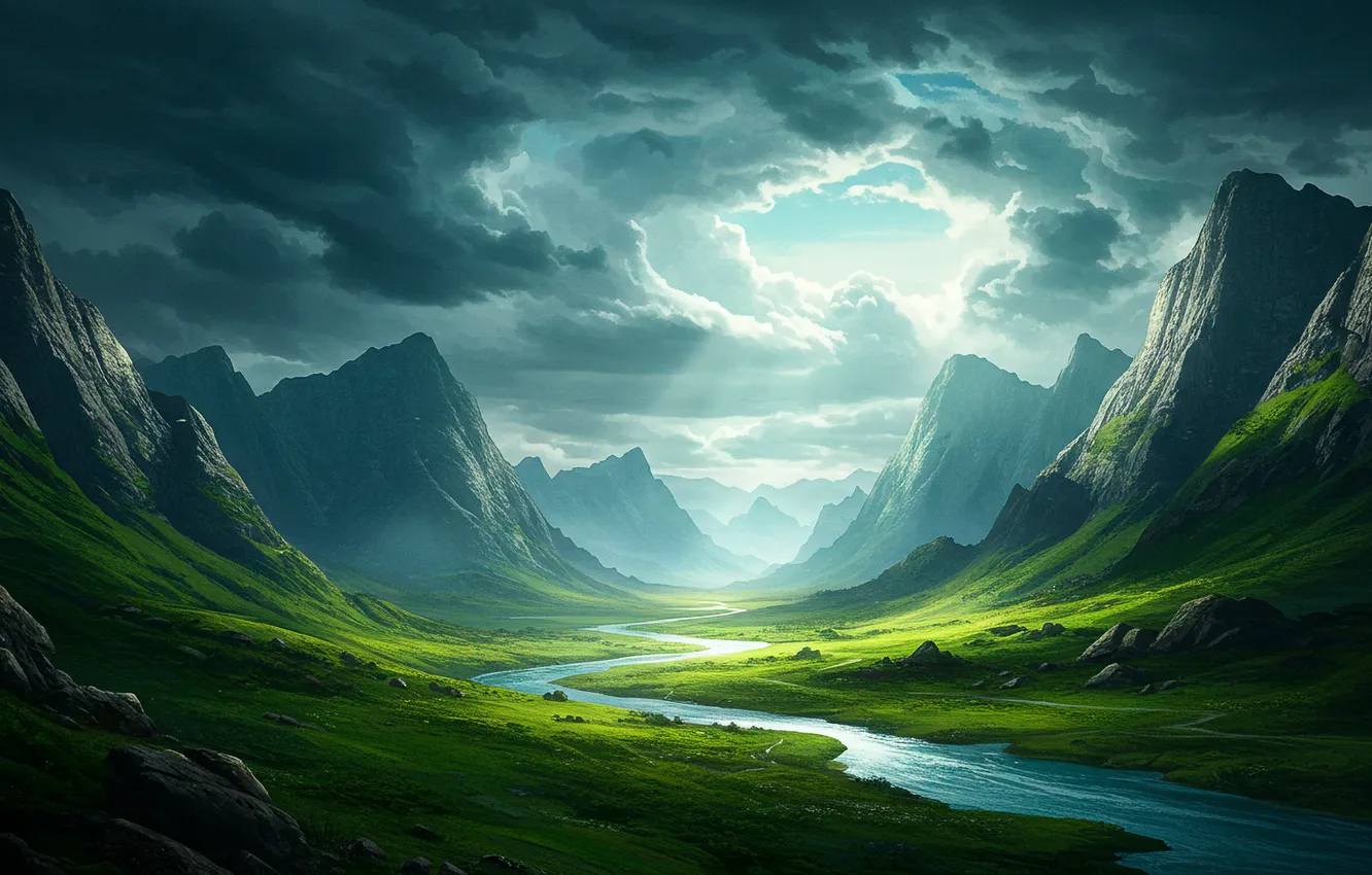 Wallpaper clouds, mountains, river, fantasy, valley, art, fantasy ...