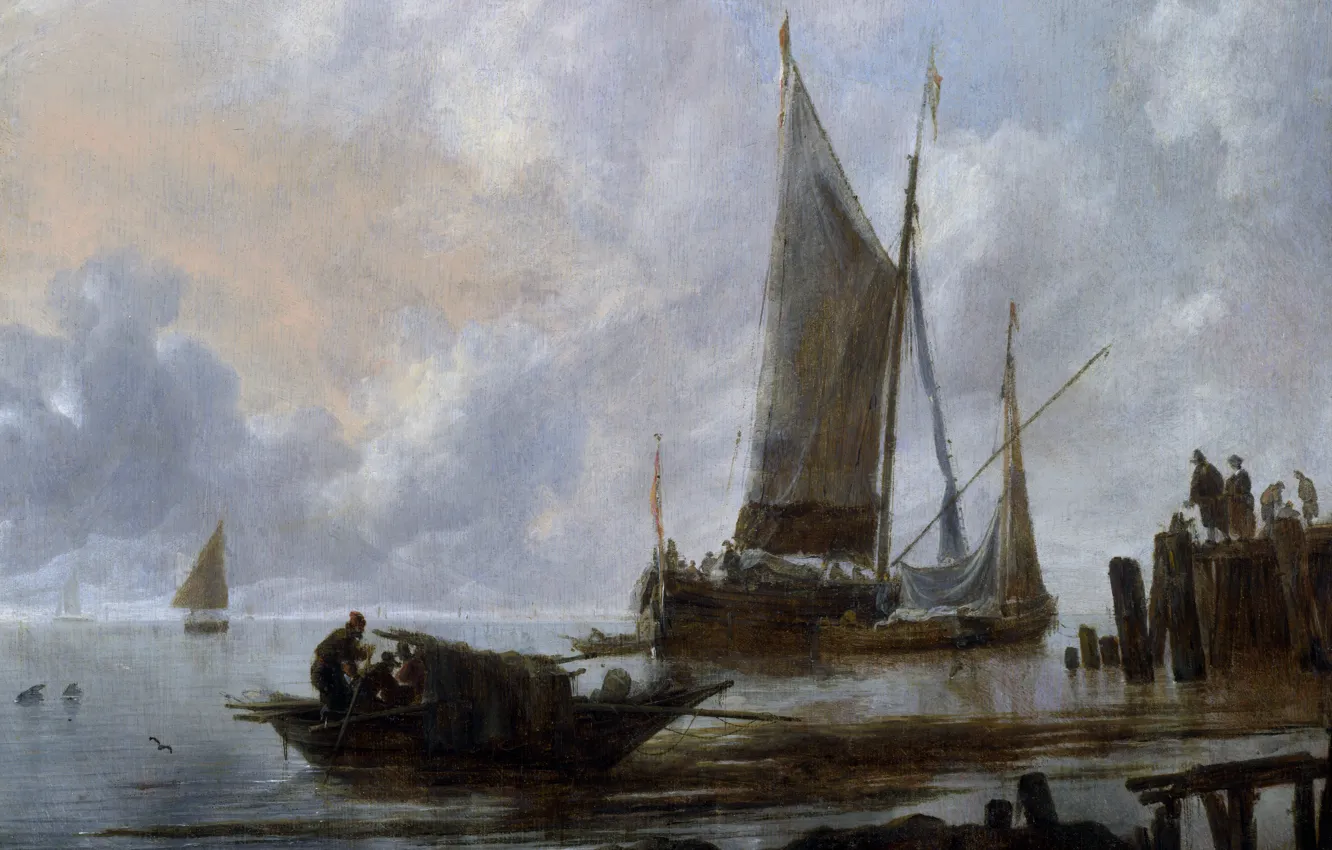 Wallpaper sea, picture, sail, Jan van de Cappelle, Boats Moored at the ...
