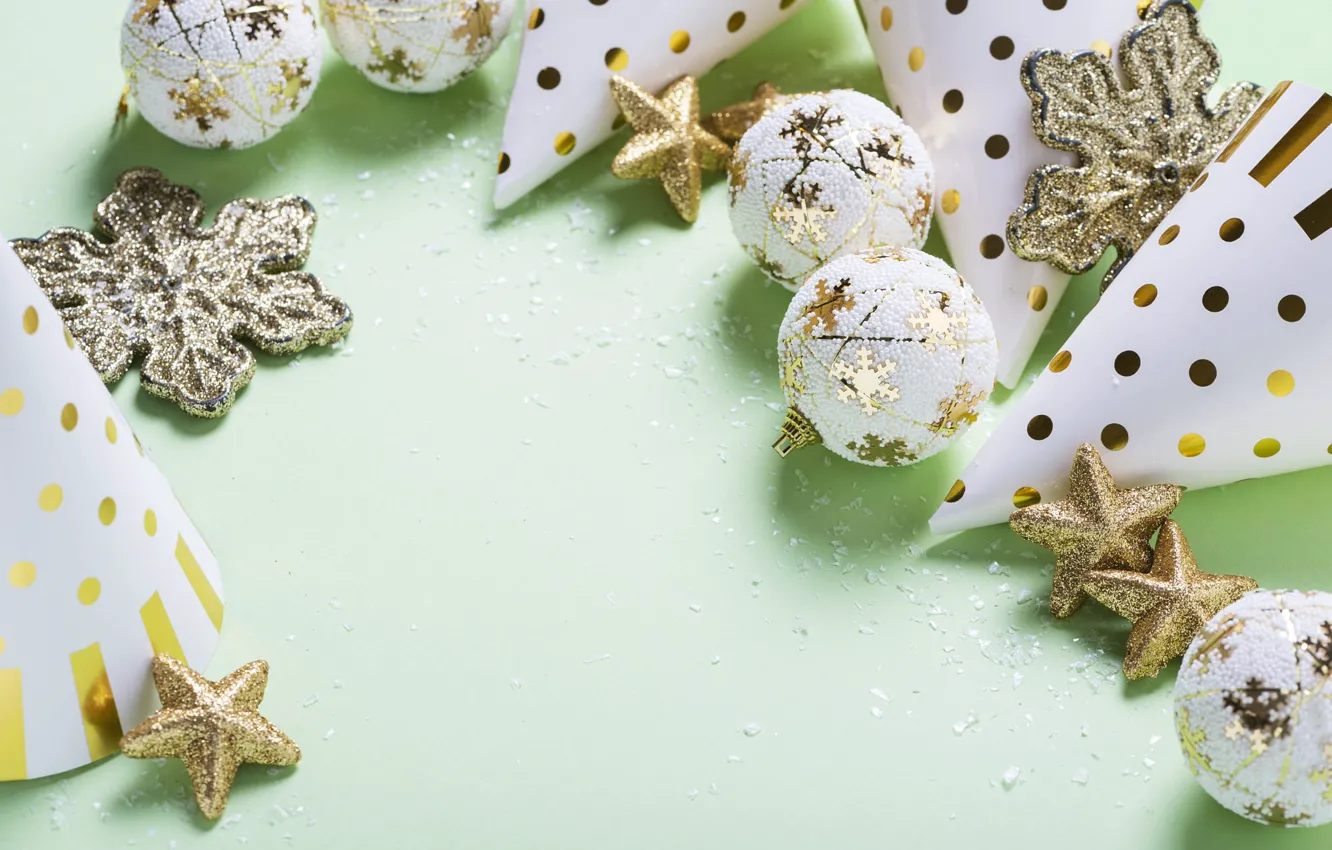Wallpaper balls, snowflakes, holiday, new year, Christmas, white, green ...
