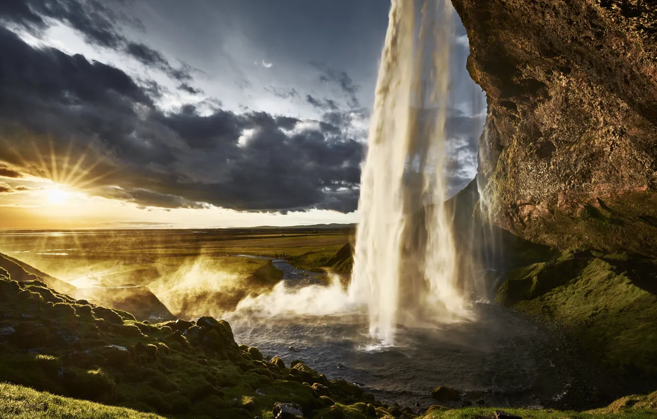 Wallpaper the sun, clouds, rays, waterfall, shadow, Seljalandsfoss ...