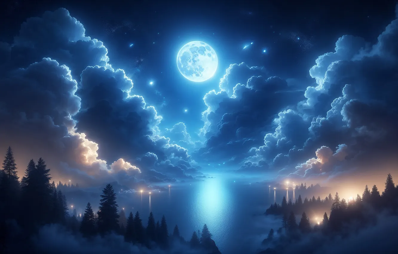 Wallpaper the sky, clouds, trees, night, lake, the moon, from miva neon ...