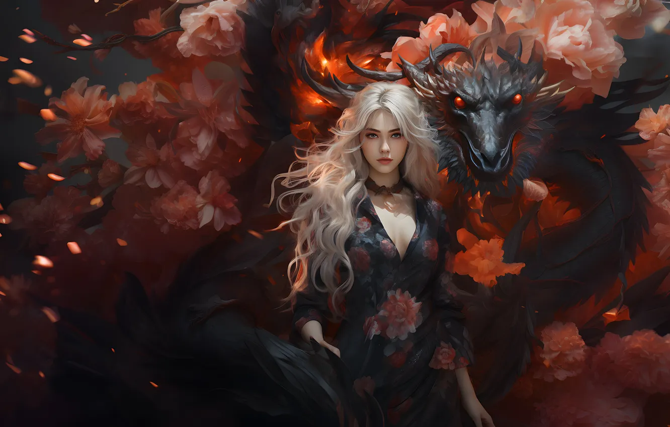 Wallpaper long hair, dress, flowers, women, dragon, asian, digital art ...