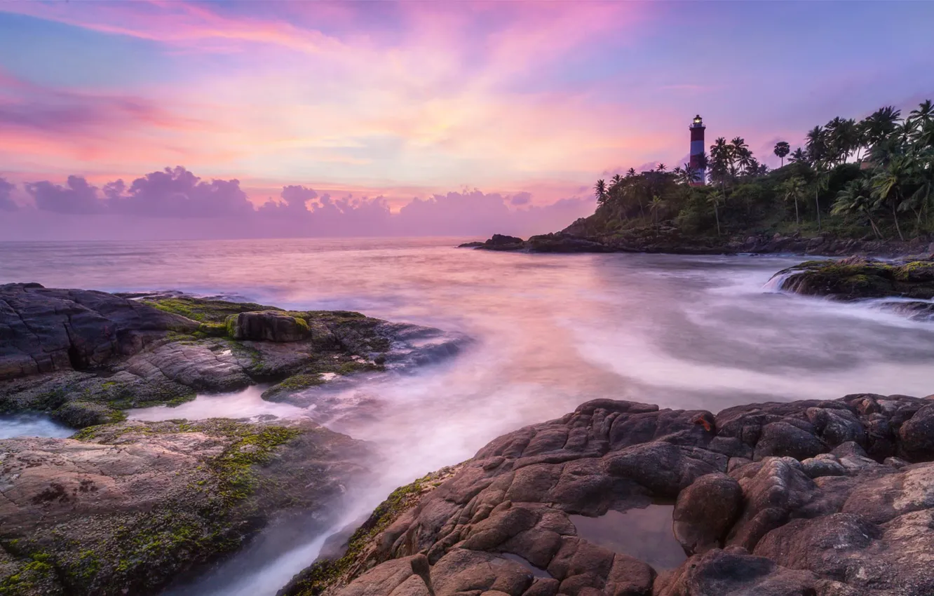 Wallpaper sea, clouds, palm trees, rocks, lighthouse, India, Kovalam ...