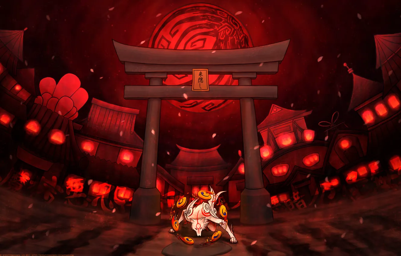 Wallpaper flame, magic, wolf, gate, lights, red, temple, deity for ...