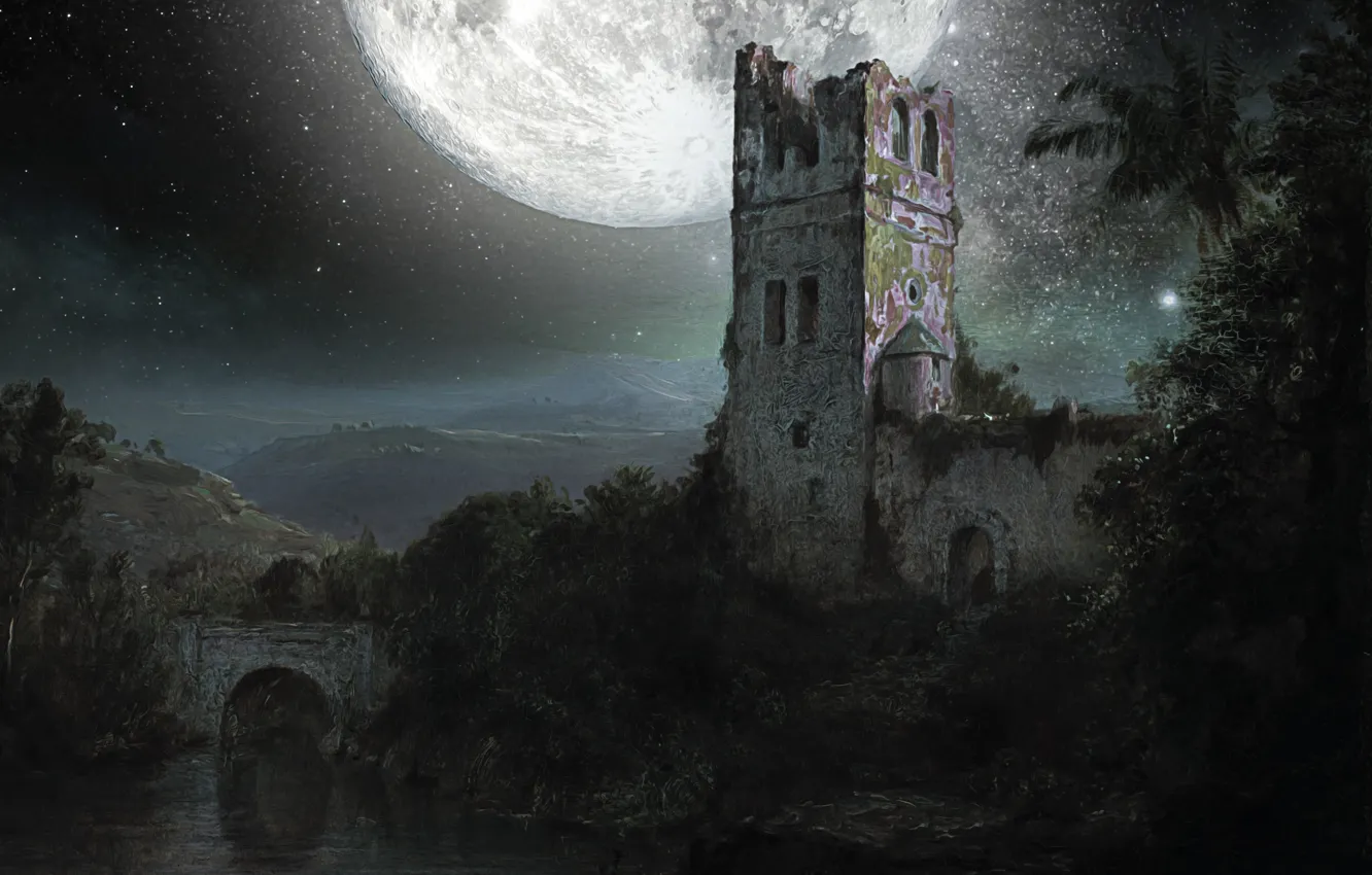 Wallpaper nature, castle, the moon, ruins, AI art, neural network for ...