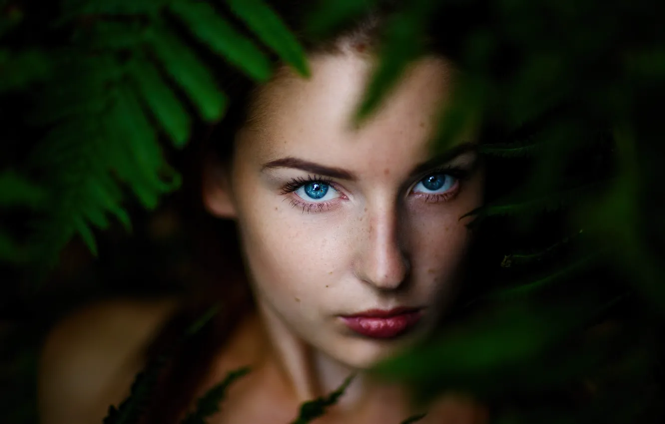 Wallpaper Look Leaves Girl Close Up Face Model Portrait Makeup