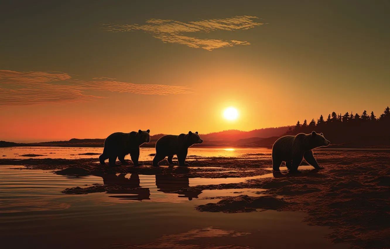 Wallpaper sunset, bear, bears, walk, silhouettes, AI art, neural ...