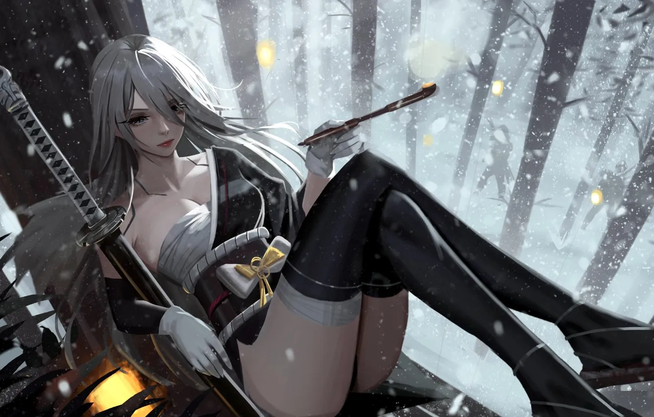 Wallpaper girl, sword, fantasy, forest, cleavage, trees, stockings, snow for mobile and desktop ...
