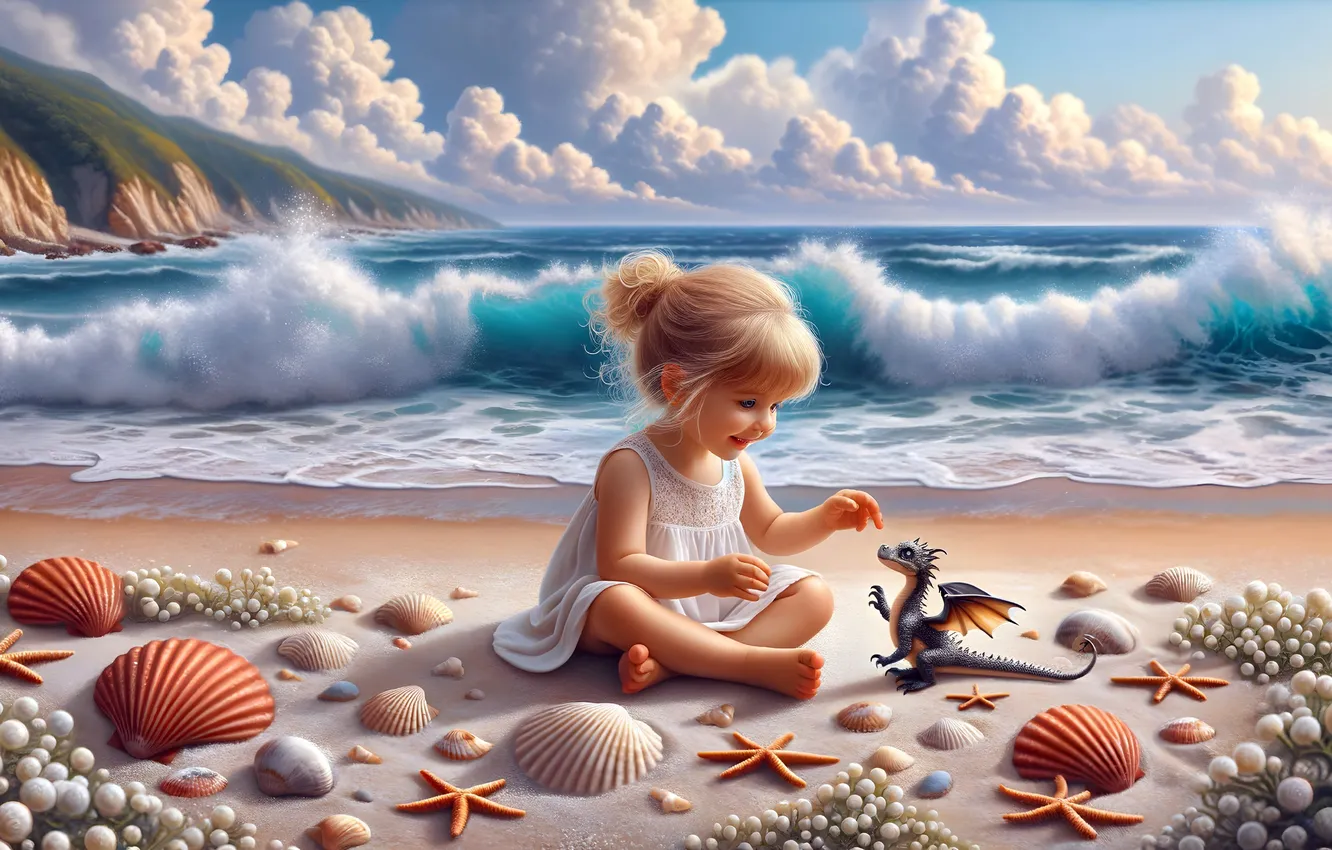 Wallpaper beach, dragon, girl, shell for mobile and desktop, section ии ...