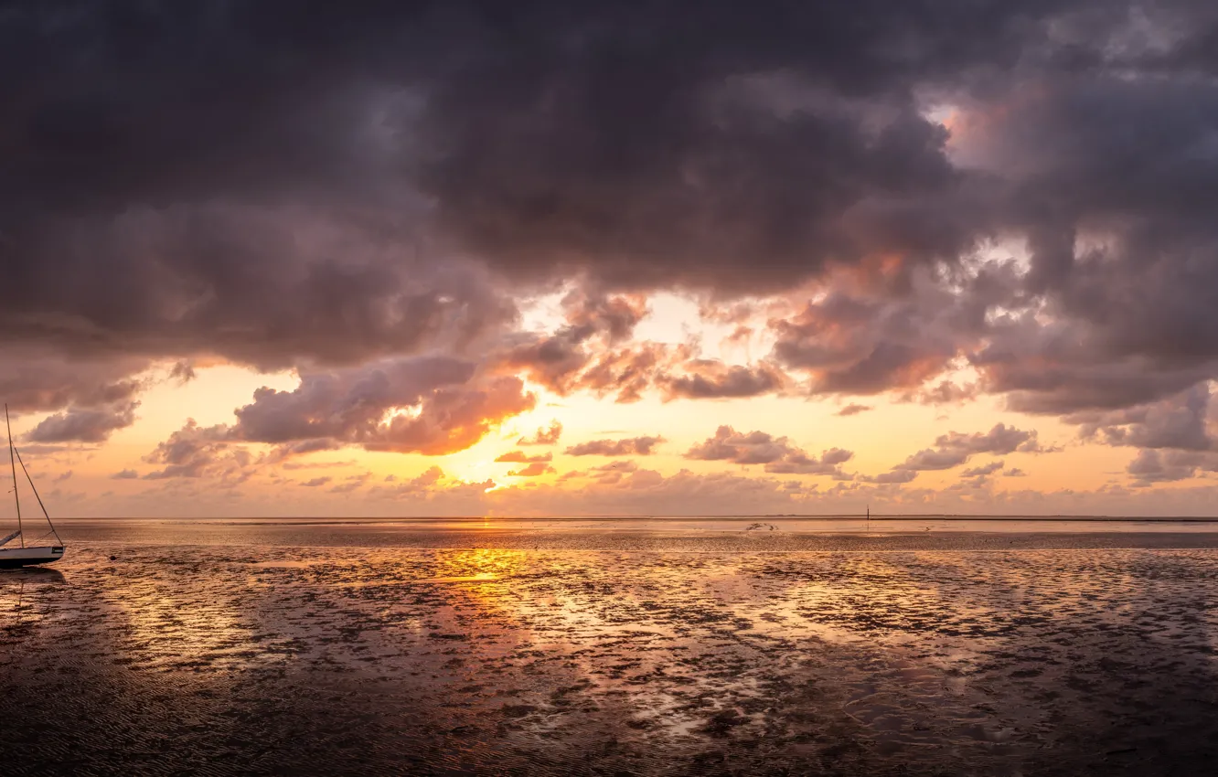 Wallpaper German, ocean, nature, water, clouds, sand, boat, Sun Goes ...