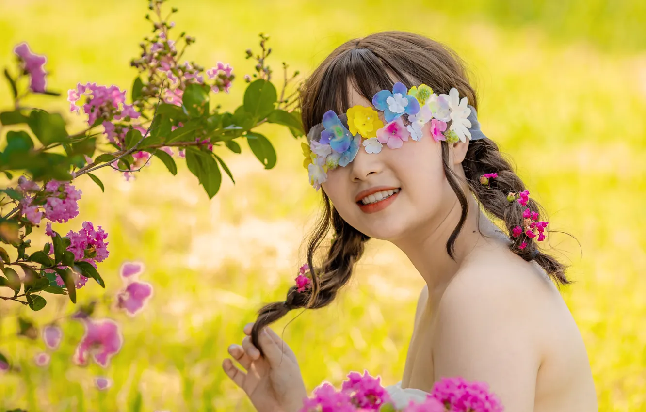 Wallpaper Summer Girl Flowers Nature Face Pose Garden Mask For