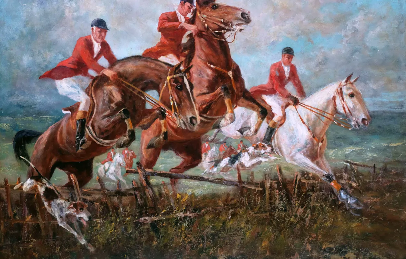 Wallpaper Jump, Picture, Dogs, Horse, German artist, George Majewicz ...